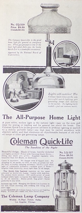 1920 Coleman Quick-Lite Ad ~ All Purpose Home Light, Vintage Household Ads