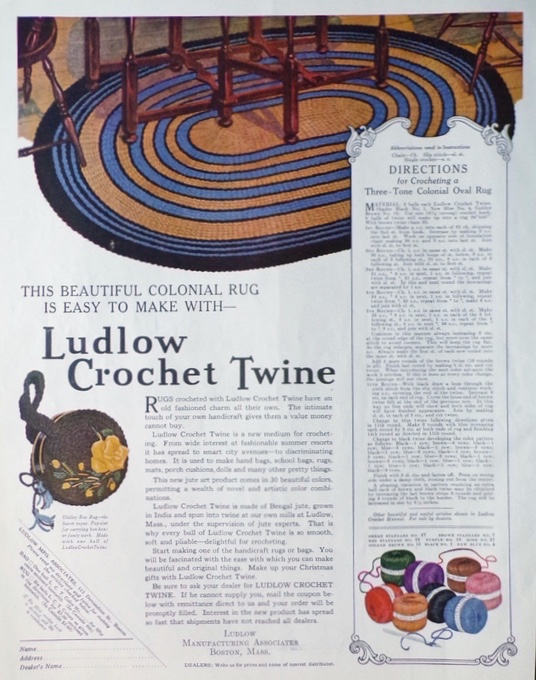 1922 Ludlow Crochet Twine Ad ~ Crochet an Oval Rug, Vintage Household Ads