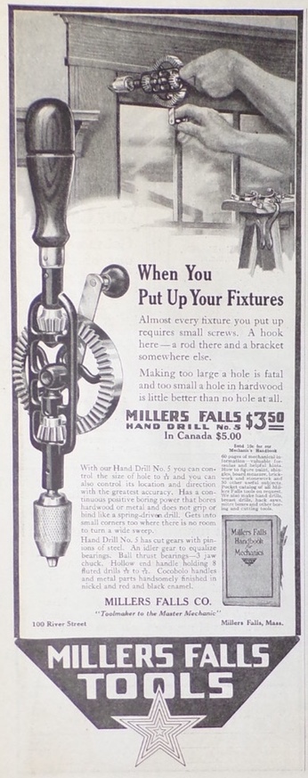 1920 Millers Falls Tools Ad ~ Hand Drill No.5, Vintage Hardware & Paint Ads