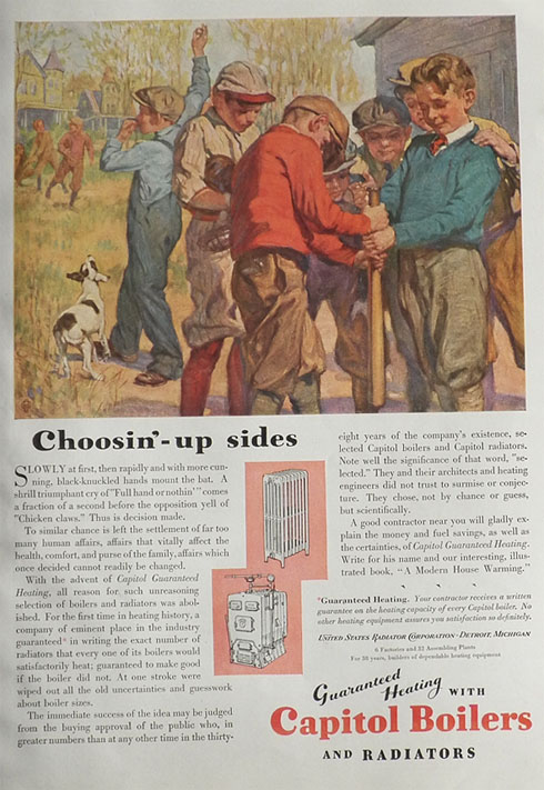1928 Capitol Boilers Ad ~ Baseball Kids, Vintage Magazine Ads
