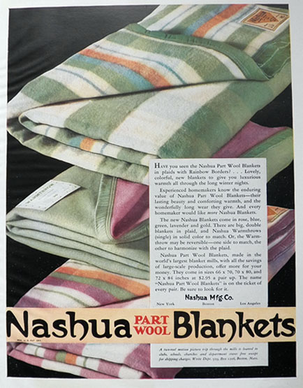 1930 Nashua Part Wool Blankets Ad ~ Plaids, Vintage Magazine Ads