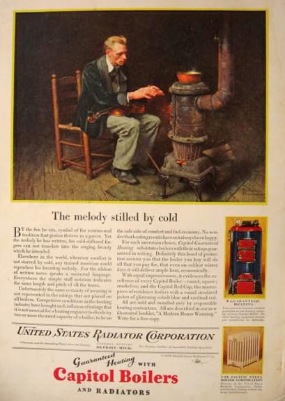 1929 Capitol Boilers Ad ~ Norman Rockwell ~ Violinist Warms Hands ...