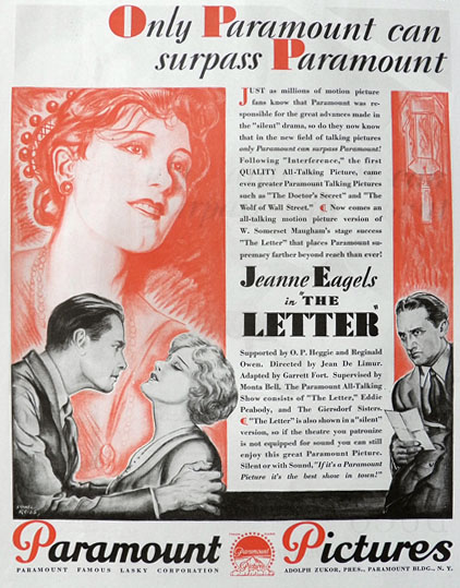 1929 Movie Ad ~ The Letter ~ Jeanne Eagels, Vintage Movie Ads