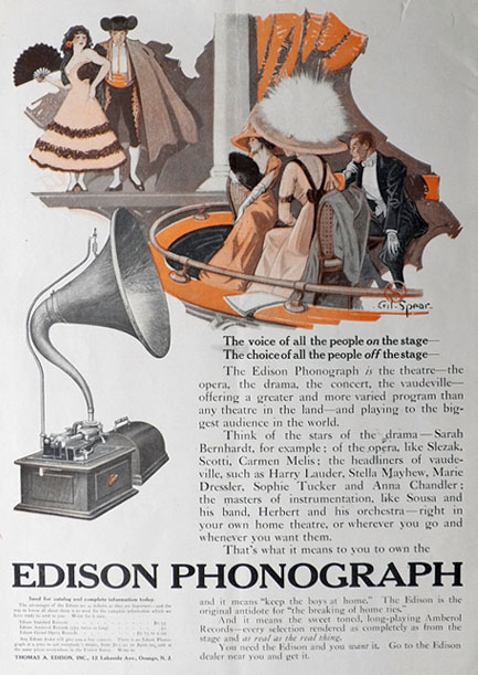 1911 Edison Phonograph Ad ~ Gil Spear Art, Vintage Radio, Camera, TV Ads