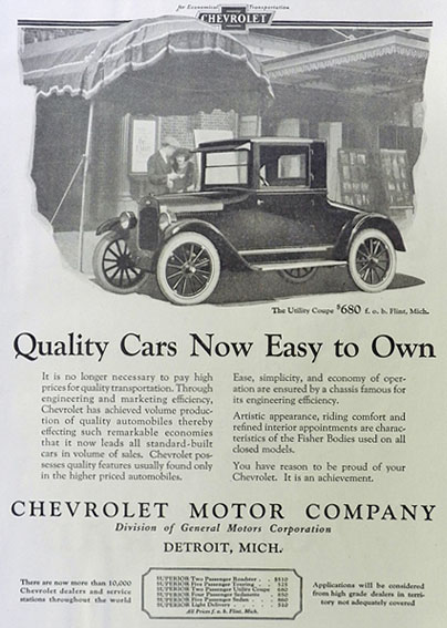 1923 Chevy Utility Coupe Ad ~ Easy To Own, Vintage Chevy Ads