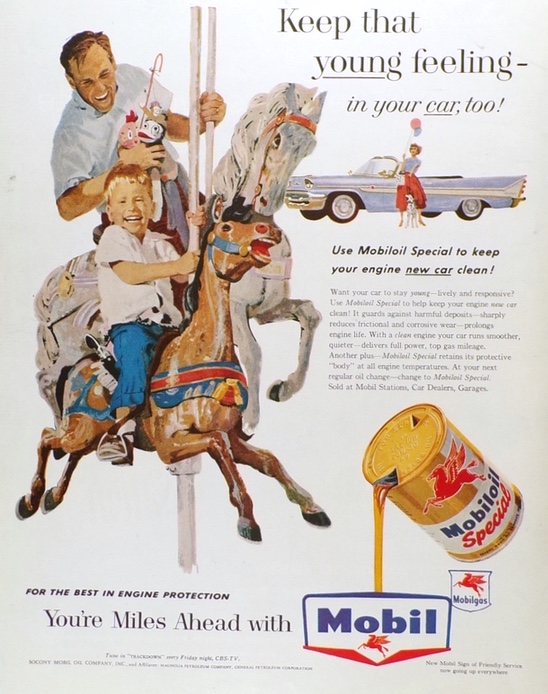 1958 Mobil Oil Ad ~ Dad & Son on Carousel, Vintage Gas & Oil Ads