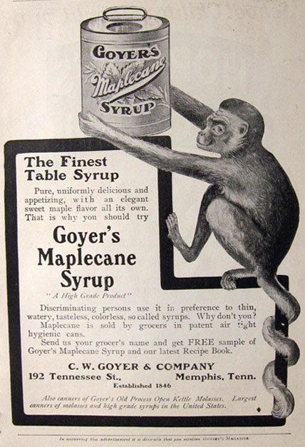1903 Goyer Maplecane Syrup Ad ~ Monkey Holds Can, Vintage Food Ads (Other)