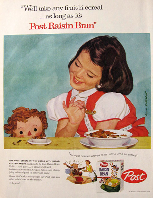 1957 Post Raisin Bran Cereal Ad ~ Raggedy Ann, Vintage Food Ads (Other)