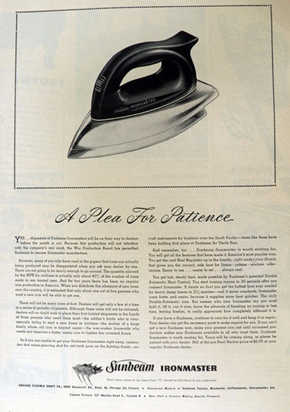 1944 WWII Sunbeam Ironmaster Ad ~ War Shortage, Vintage Appliance Ads