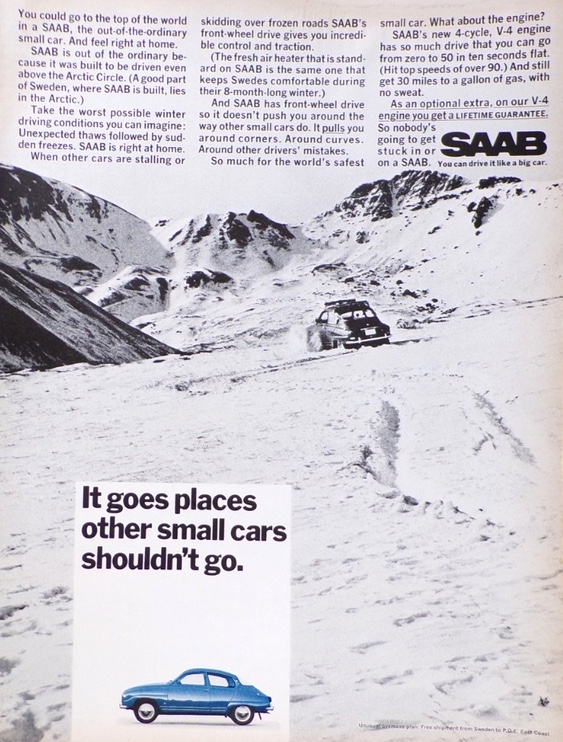 1968 Vintage Saab Ad ~ Goes Places Other Small Cars Shouldn't, Vintage ...