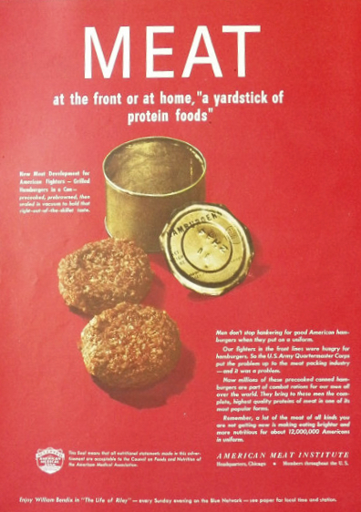 1945 WWII Meat Institute Ad ~ Burgers in a Can, Vintage Food Ads (Other)