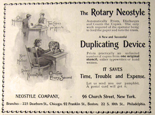 1899 Rotary Neostyle Duplicating Device Mimeograph Ad Vintage Magazine Ads