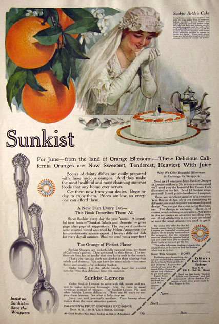 1915 Sunkist Oranges Ad ~ Bride's Cake Recipe, Vintage Food Ads (Other)