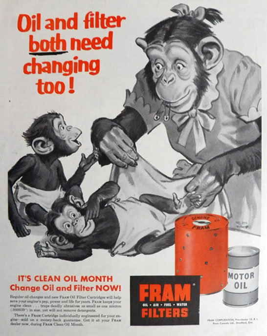 1956 Fram Oil Filter Ad ~ Keith Ward Chimp Family, Vintage Car Related Ads