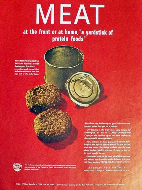 1945 WWII Meat Institute Ad ~ Grilled Burgers in a Can, Vintage ...
