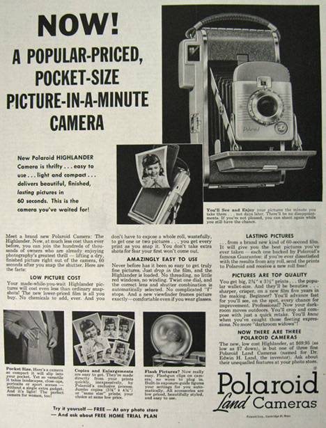 1954 Polaroid Highlander Land Camera Ad, Vintage Radio, Camera, TV Ads
