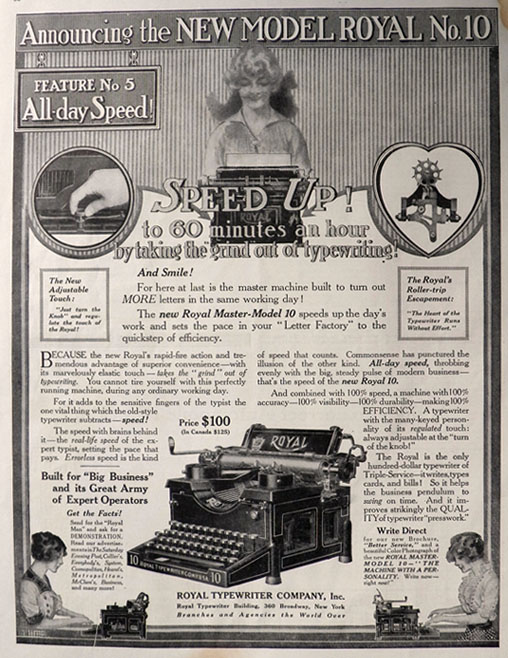 1914 Royal Typewriter No. 10 Ad ~ All Day Speed, Vintage Ads (Misc)