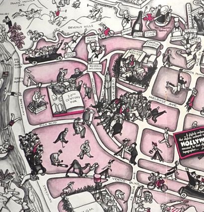 1937 John Groth Cartoon Pictorial Map of Hollywood, Places, Landscapes ...