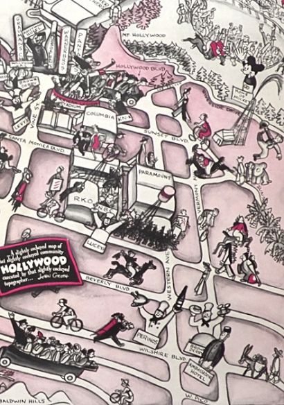 1937 John Groth Cartoon Pictorial Map of Hollywood, Places, Landscapes ...