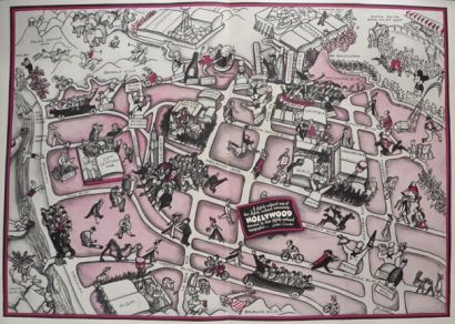 1937 John Groth Cartoon Pictorial Map of Hollywood, Places, Landscapes ...