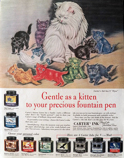1943 Carter's Ink Ad ~ Gentle As A Kitten, Vintage Jewelry & Pen Ads