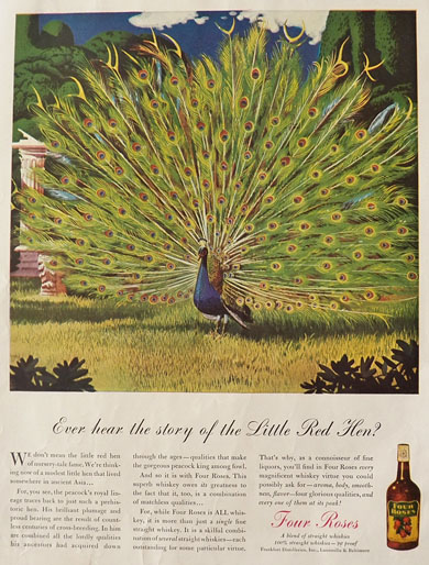 1938 Four Roses Whiskey Ad ~ Peacock, Vintage Beer & Liquor Ads