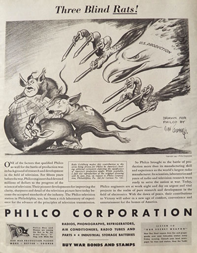 1943 WWII Philco Radio Ad ~ Rube Goldberg Political Cartoon, Vintage ...