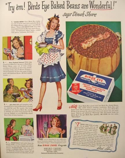 1944 Birds Eye Frozen Foods Ad ~ Dinah Shore, Vintage Ads with Celebrities