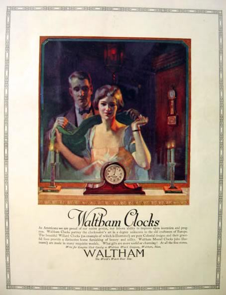 1920 Waltham Clock Ad ~ Willard Banjo, Mantel Clocks, Vintage Household Ads