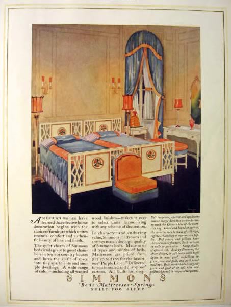 1923 Simmons Bed & Mattress Ad ~ Blue & Orange Bedroom, Vintage ...