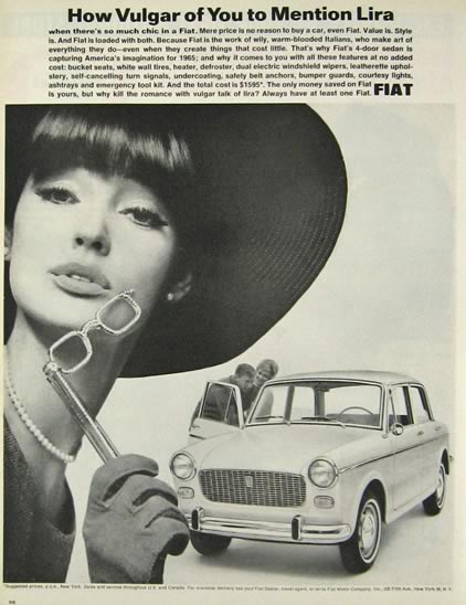 1964 Fiat 4-Door Sedan Ad ~ How Vulgar to Mention Lira, Vintage Car Ads