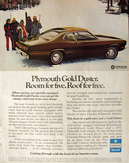 1972 Plymouth Gold Duster Ad ~ Room for Five, Vintage Car Ads ~ Other