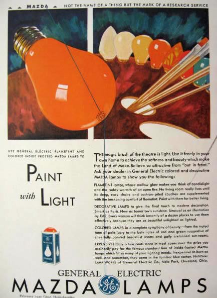 1930 Mazda Lamps Ad ~ Flametint and Colored Lights, Vintage Hardware ...
