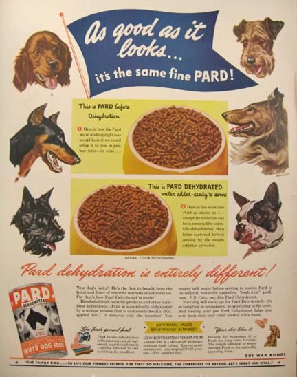 1944 Pard Dog Food Ad ~ Morgan Dennis ~ Doberman, Boston Terrier ...