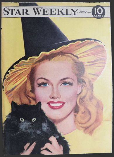 1949 Star Weekly Cover ~ Woman in Witch Hat with Black Cat, Vintage ...