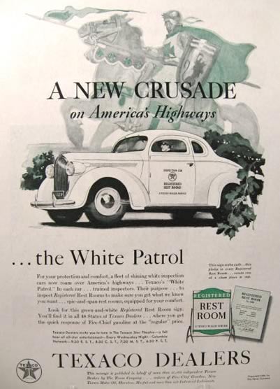 1938 Texaco Ad ~ White Patrol Rest Room Inspectors, Vintage Gas & Oil Ads