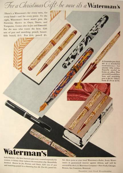 1930 Waterman's Fountain Pen Ad ~ Onyx Desk Set, Vintage Jewelry & Pen Ads